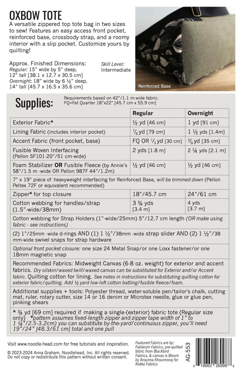 Noodlehead Oxbow Tote Bag Pattern – Escape & Create