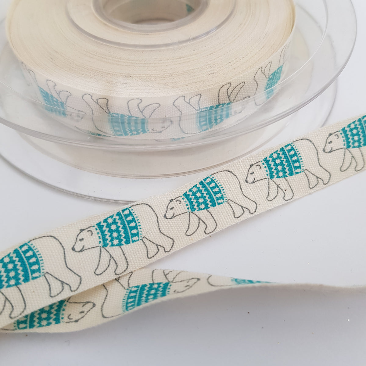 Ribbon Grosgrain 15mm Christmas Polar Bears on Ivory – Escape & Create